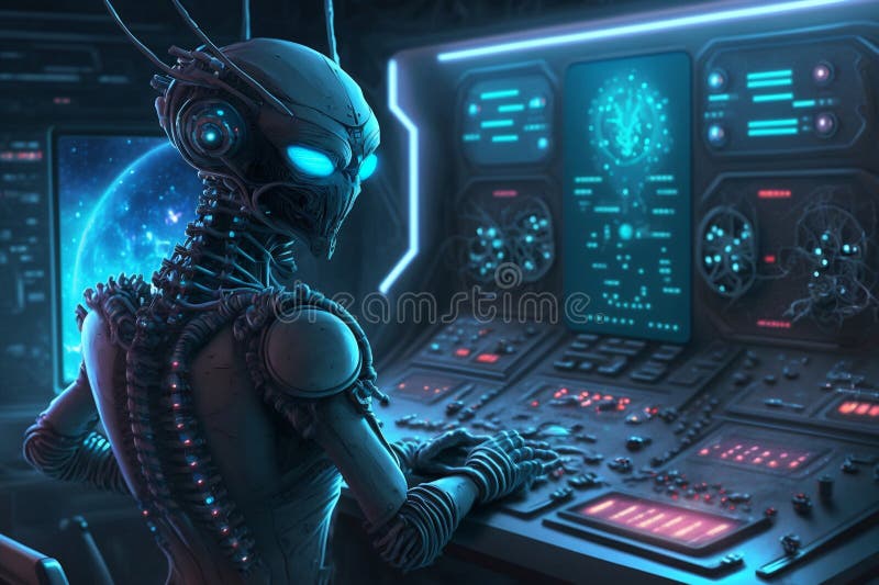 Humanoid Alien Works with Futuristic Control Panel, Alien Humanoid ...