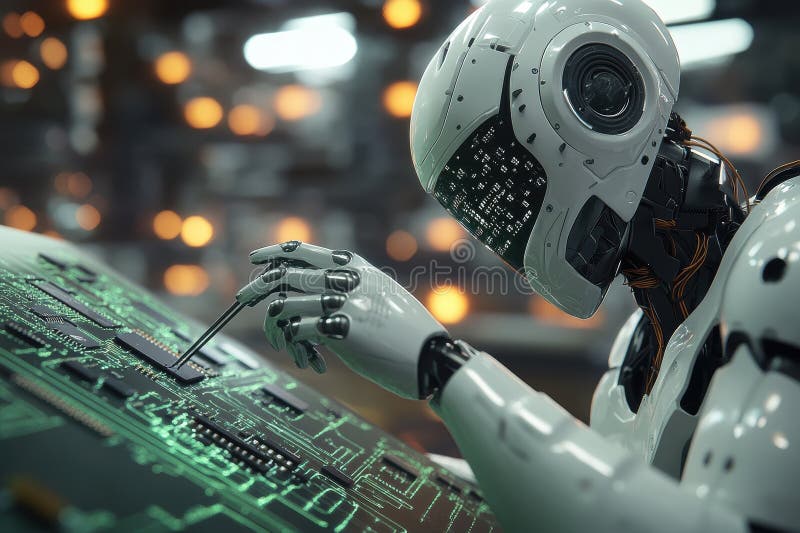 Humanoid Android Assembling Microchips in High-tech Semiconductor Plant ...