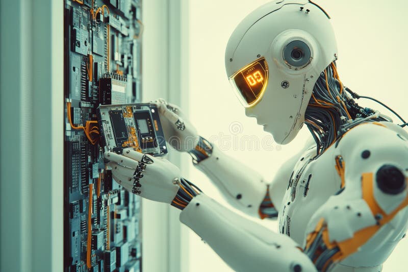 Humanoid Android Electrical Engineer Testing Advanced Circuit Boards ...