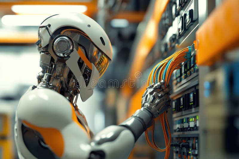 Humanoid Android Electrician Connects Cables in an Industrial Control ...