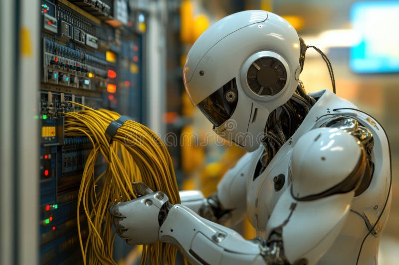 Humanoid Android Electrician Connects Cables in Industrial Control ...