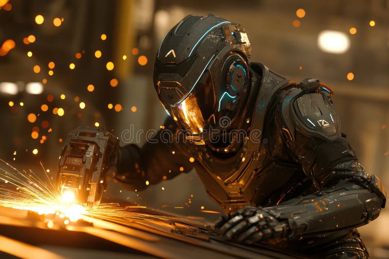 Humanoid Android in a Protective Suit Using Laser Cutter on Metal Sheet ...