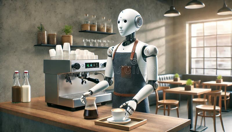Humanoid Android Robot Barista Making Coffee in Modern Café Stock ...