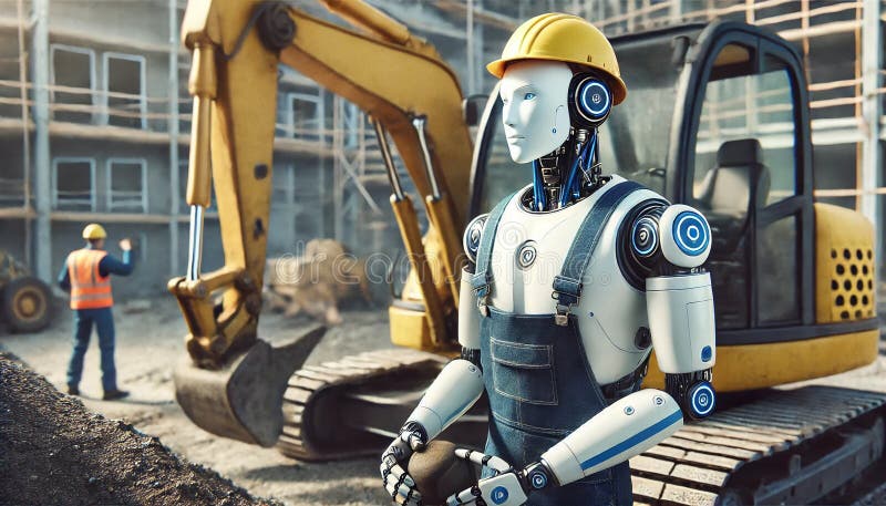 Humanoid Android Robot Construction Worker Operating Heavy Machinery on ...