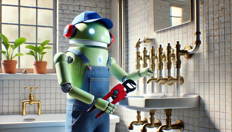 Humanoid Android Robot Plumber Working on Pipes in Modern Bathroom ...