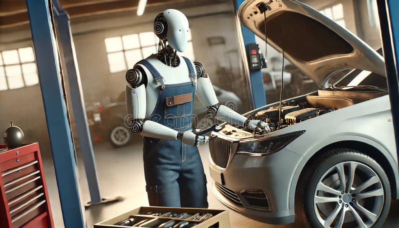 Humanoid Android Robot Mechanic Working on Car in Garage Stock ...