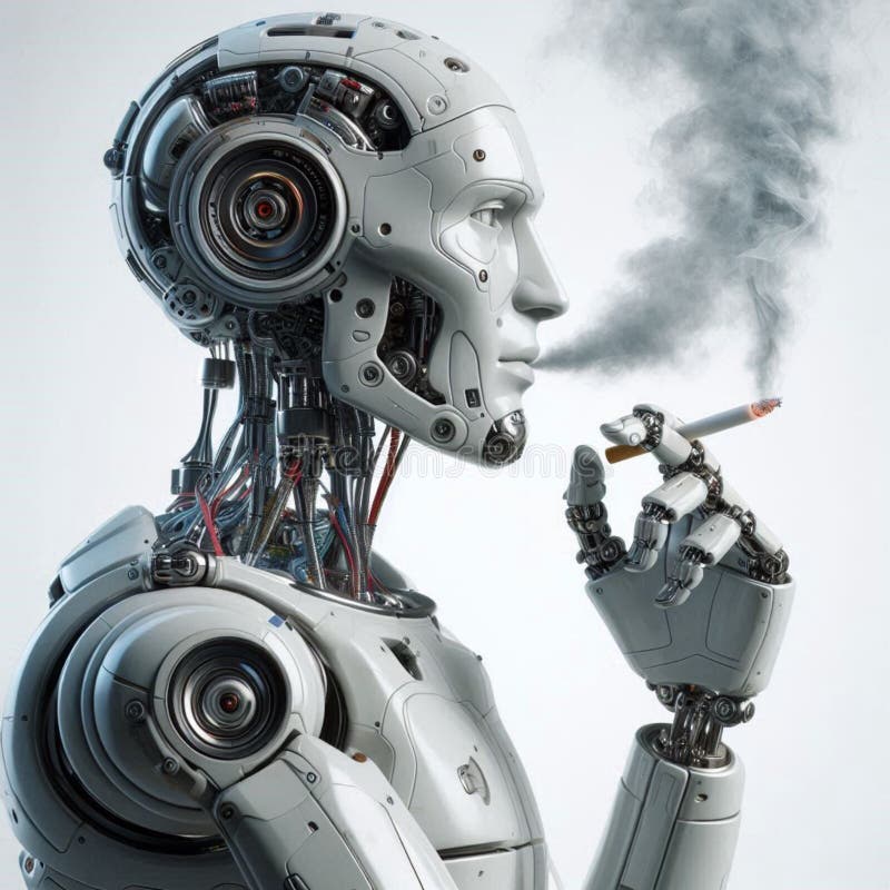 Humanoid Android Robot Smoking on White Background Stock Image - Image ...