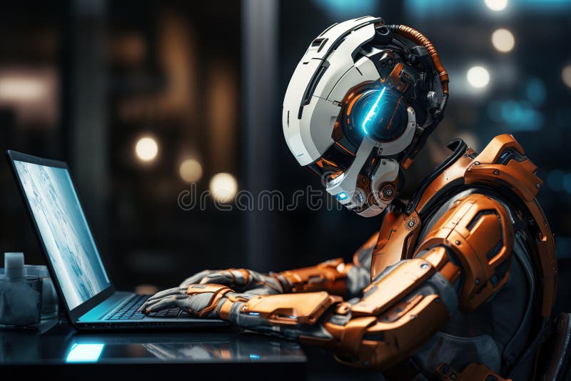 Humanoid Android Robot Working on Laptop in Office Business Stock ...