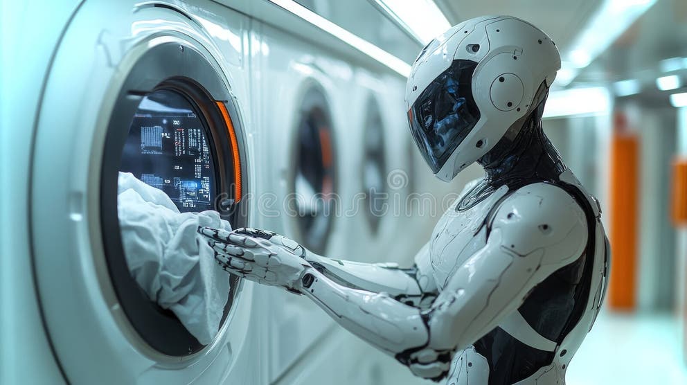 Humanoid Android Sorting and Loading Clothes in a Futuristic Laundry ...