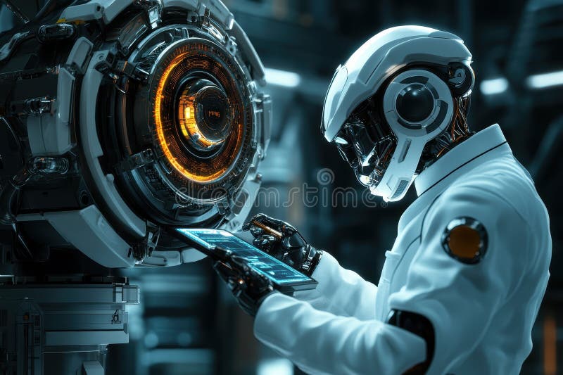 Humanoid Android Technician Conducts AI Diagnostics on Robotic Arm in ...