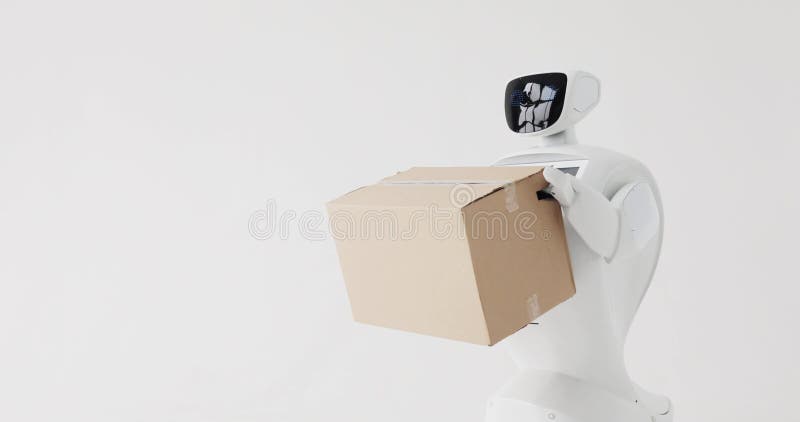 Humanoid Autonomous Robot with Cardboard Box in Hand. Cybernetic System ...