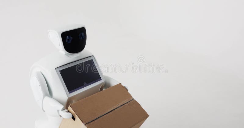 Humanoid Autonomous Robot with Cardboard Box in Hand. Cybernetic System ...