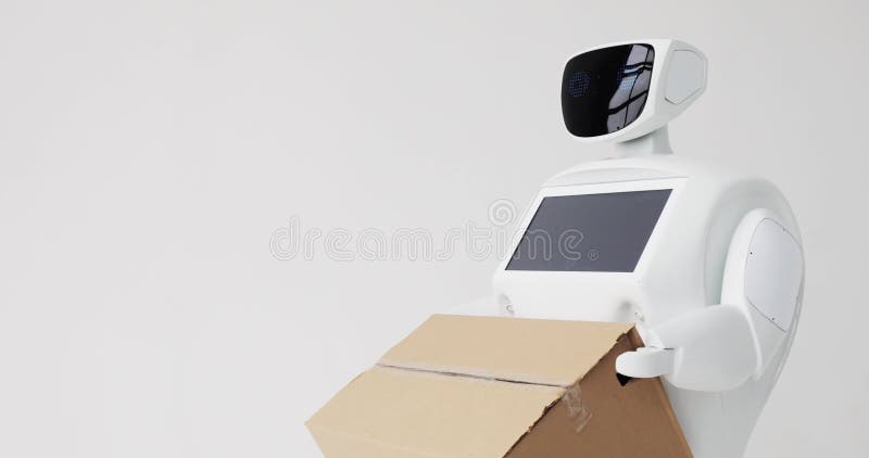 Humanoid Autonomous Robot with Cardboard Box in Hand. Cybernetic System ...