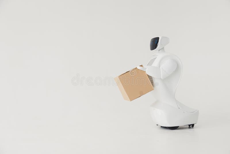 Humanoid Autonomous Robot with Cardboard Box in Hand on Grey Background ...