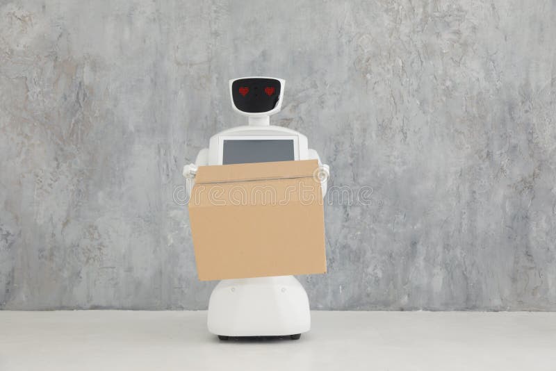 Humanoid Autonomous Robot with Cardboard Box in Hand on Grey Background ...