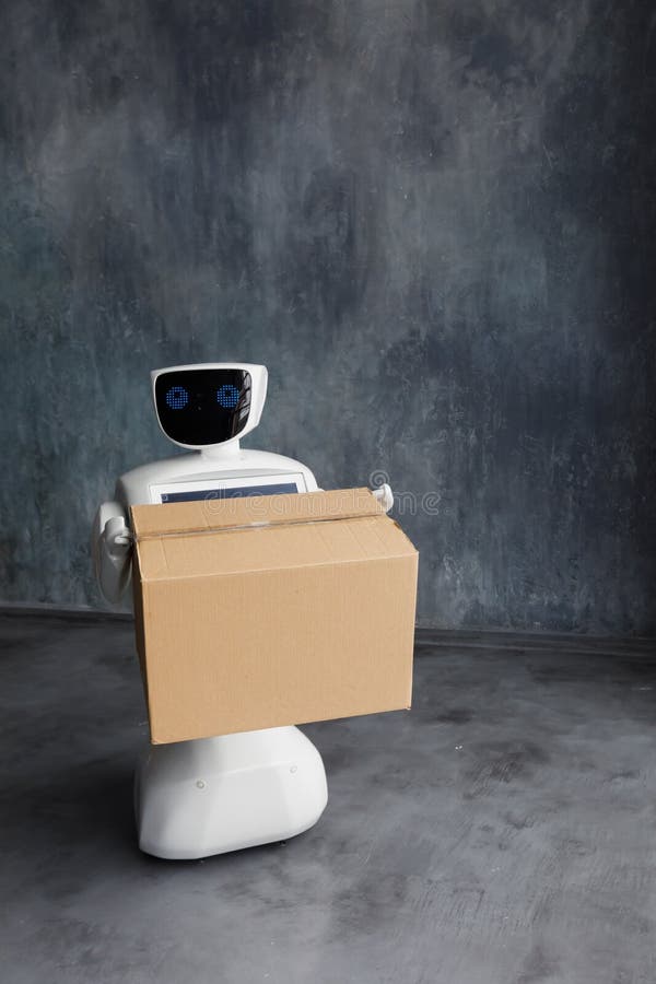 Humanoid Autonomous Robot with Cardboard Box in Hand on Grey Background ...