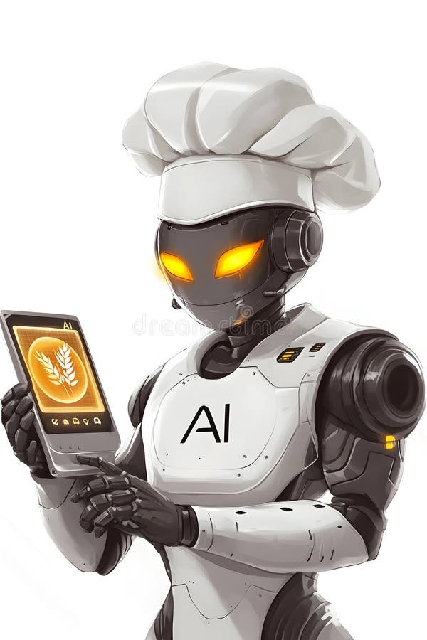 Humanoid Chef Robot with Tablet and Cook Hat in Futuristic Kitchen ...