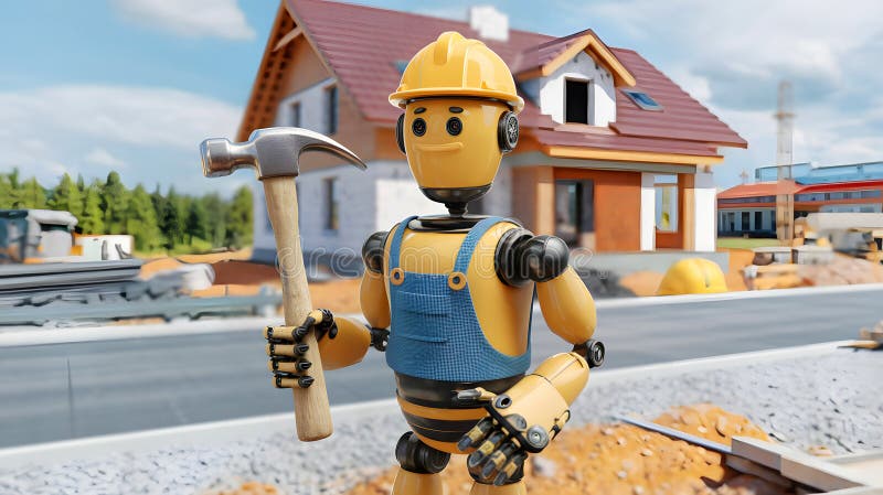 A Humanoid Construction Worker Robot Wearing a Helmet Holding a Hammer ...