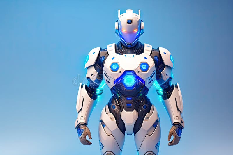 Humanoid Cyborg with Blue Glowing. White Robot Generative AI Stock Illustration - Illustration ...