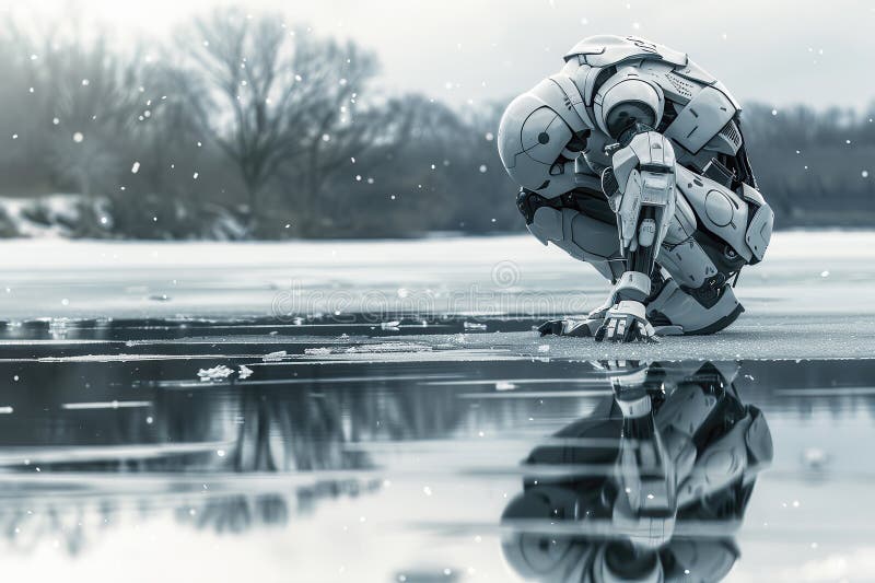 Humanoid Robot Crouched and Reflecting on Ice, AI Generated Stock ...