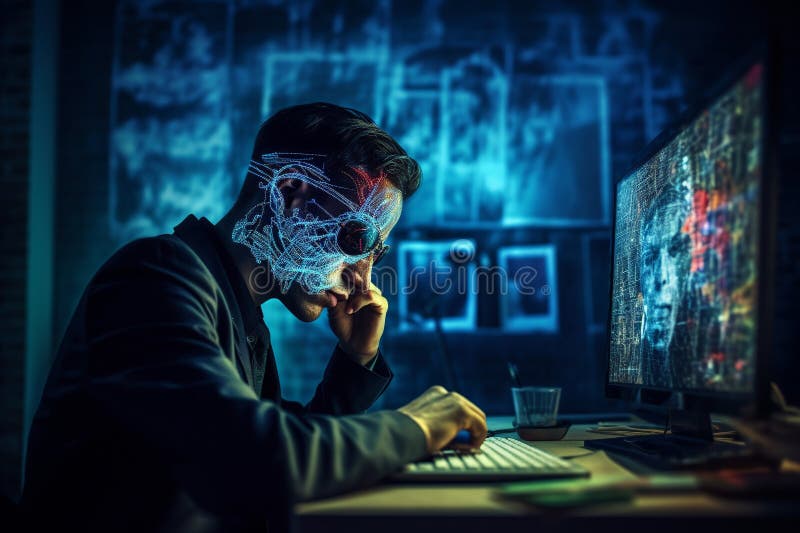 Humanoid Cyborg with Half Robot Face Typing on a Computer, Representing ...