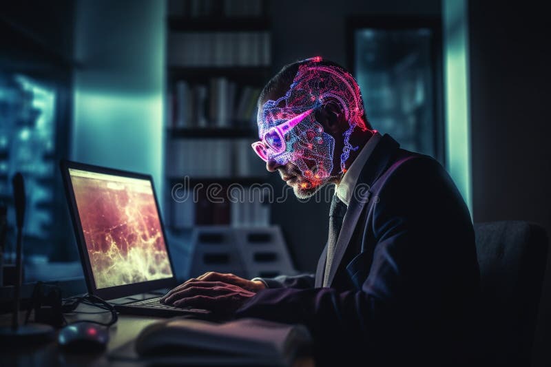 Humanoid Cyborg with Half Robot Face Typing on a Computer, Representing ...