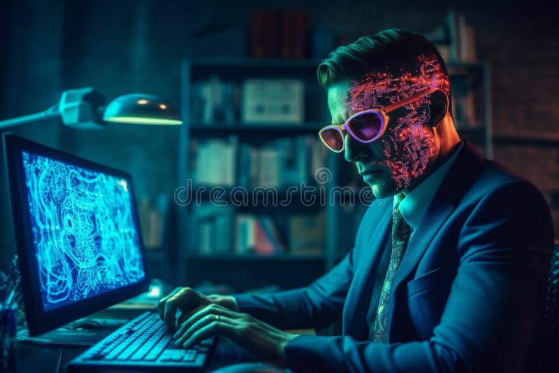 Humanoid Cyborg with Half Robot Face Typing on a Computer, Representing ...