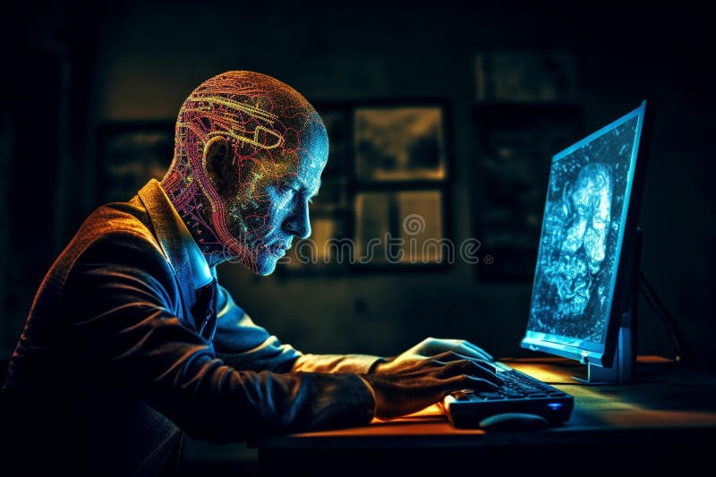 Humanoid Cyborg with Half Robot Face Typing on a Computer, Representing ...