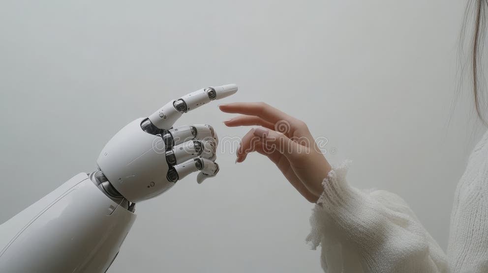 A Humanoid Cyborg Robot and Human Hand Symbolize AI, Which Features a ...