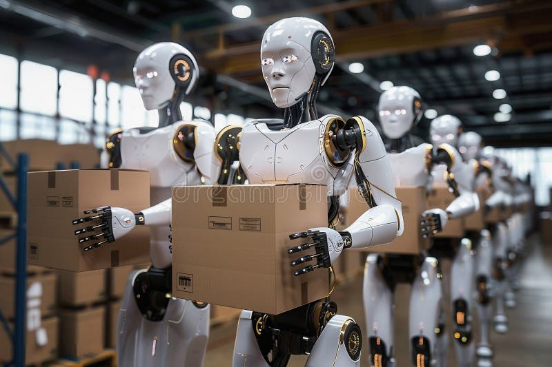 Humanoid Cyborgs Carrying Boxes, Ai Generated Stock Illustration ...