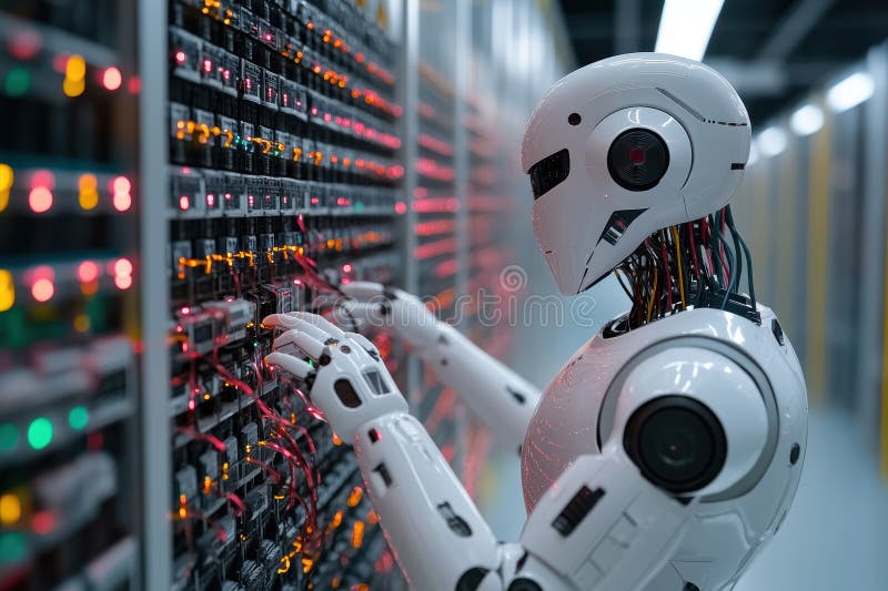 Humanoid Droid Administrator Connects Cables To a Futuristic Server ...