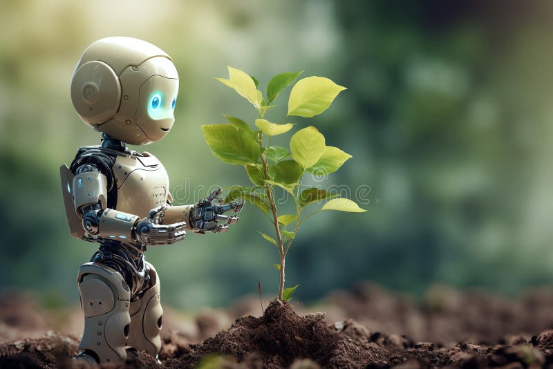 Humanoid Eco Robot Grows Little Green Tree Outside, Illustration with ...