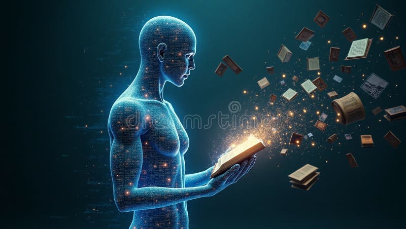 Humanoid Figure Composed of Glowing Data Holds Open Book, Surrounded by ...