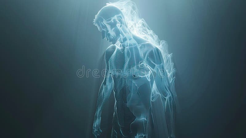 Ethereal Humanoid Figure Surrounded by Translucent Light in a Dim ...