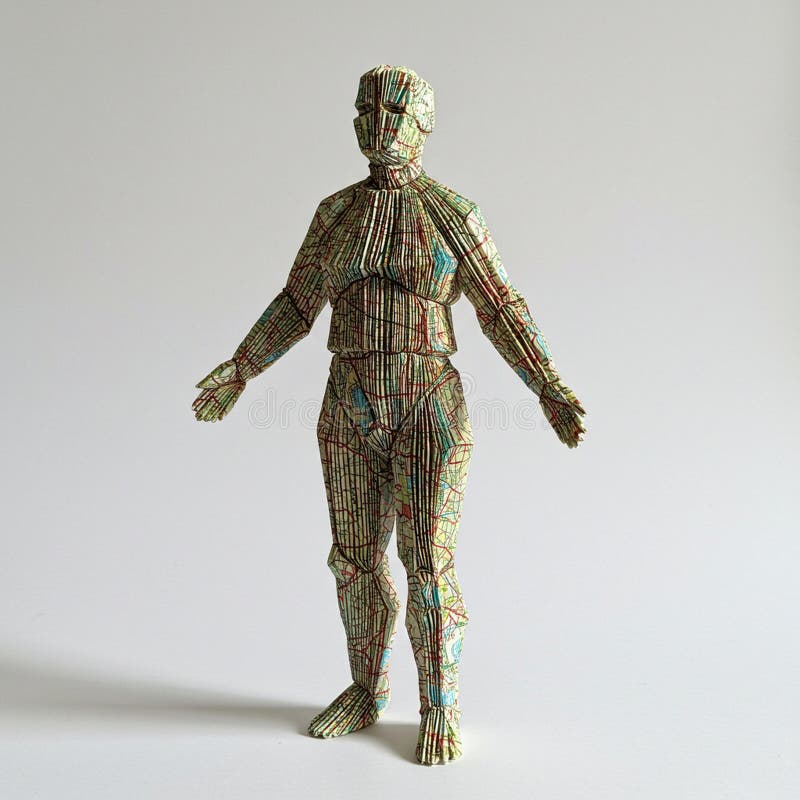 A Humanoid Figure Crafted from a Folded Map Stands Against a Neutral ...