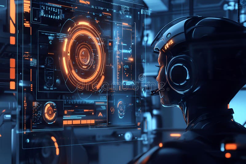 Humanoid in High-Tech Suit Interacting with Advanced Holographic ...