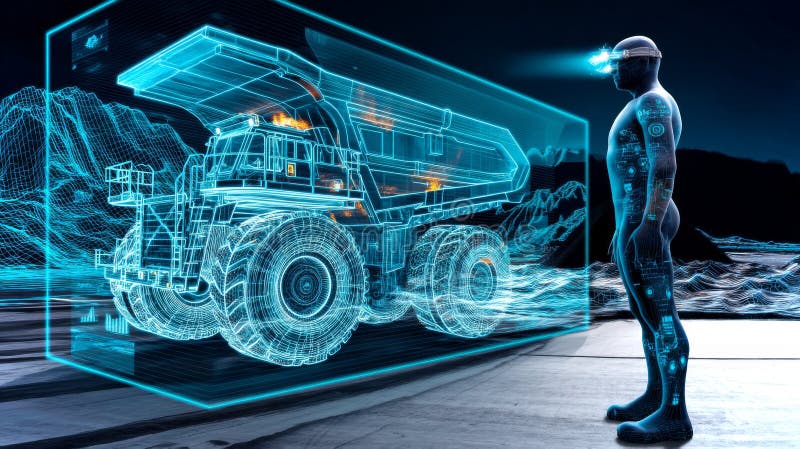 Humanoid Figure Interacting with Holographic Mining Truck Visualization ...