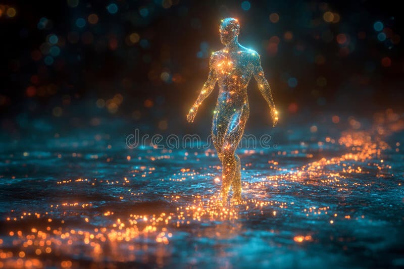 A Humanoid Figure Made of Light and Circuitry, Representing AI, Stands ...