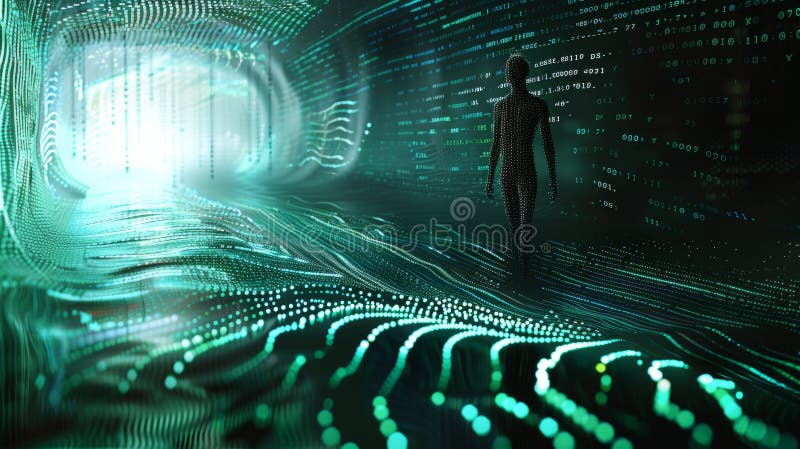 A Humanoid Figure Made of Sound Waves Navigates a Data Stream Exploring ...