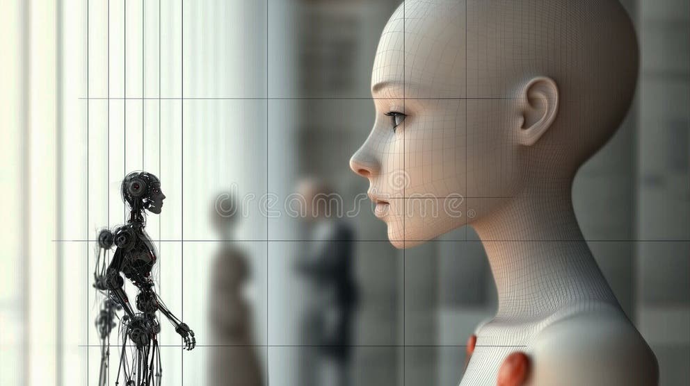 A Humanoid Figure with a Smooth, Grid-like Surface Observes a Skeletal ...