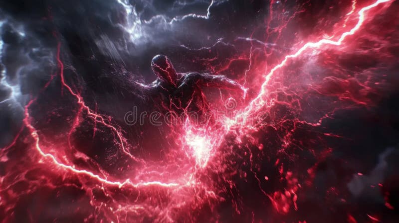 Humanoid Figure Surrounded by Red and Blue Lightning during a Dramatic ...