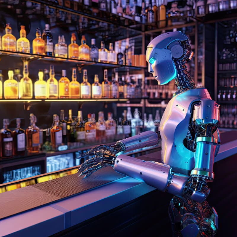 Humanoid Form Android Robot Sitting at the Bar Counter. Grey Iron Robot ...