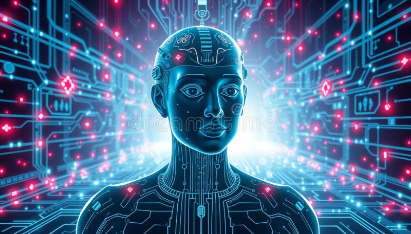 A Humanoid in Front of a Circuit with Red and Blue Lights Generated ...