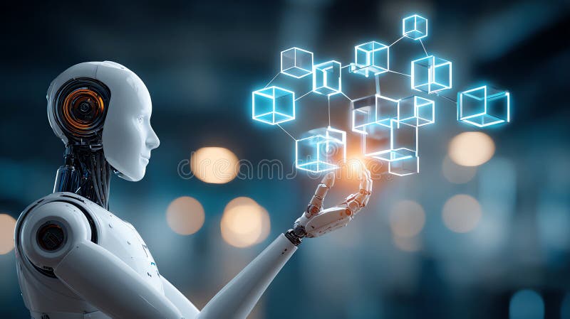 Humanoid with a Glowing Holographic Network of Floating Cubes, AI ...