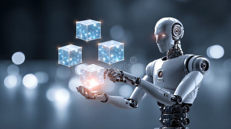 Humanoid with a Glowing Holographic Network of Floating Cubes, AI ...