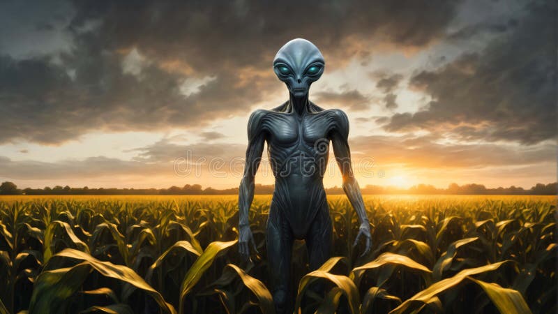 Humanoid Gray Alien in Corn Field. ET Design in High Resolution Stock ...