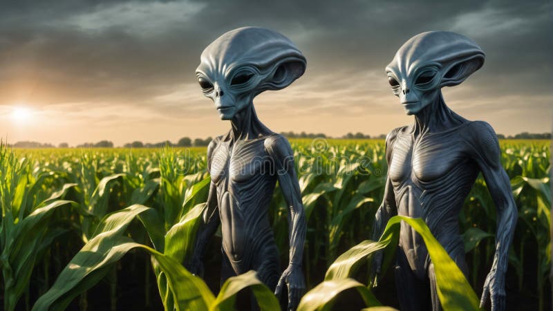 Humanoid Gray Alien in Corn Field. ET Design in High Resolution Stock ...