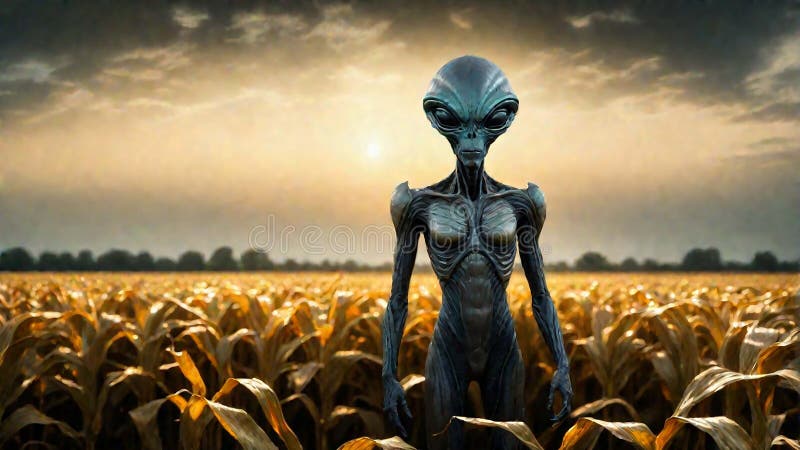 Humanoid Gray Alien in Corn Field. ET Design in High Resolution Stock ...