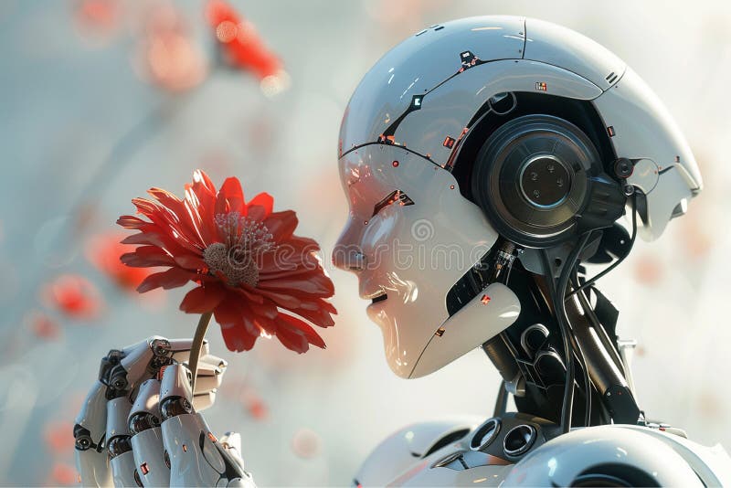 Humanoid Industry Robot and Flowers Stock Illustration - Illustration ...