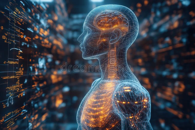 Human-like AI Figure Illuminated with Digital Data Visualization in a ...